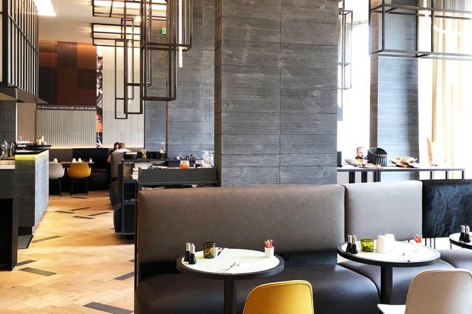 Restaurant Paris: Wood texture concrete panels - Contexture Group